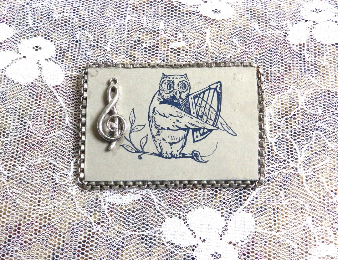 Owl Playing a Harp, Antique Book Cover Pin Accented With Vintage ...