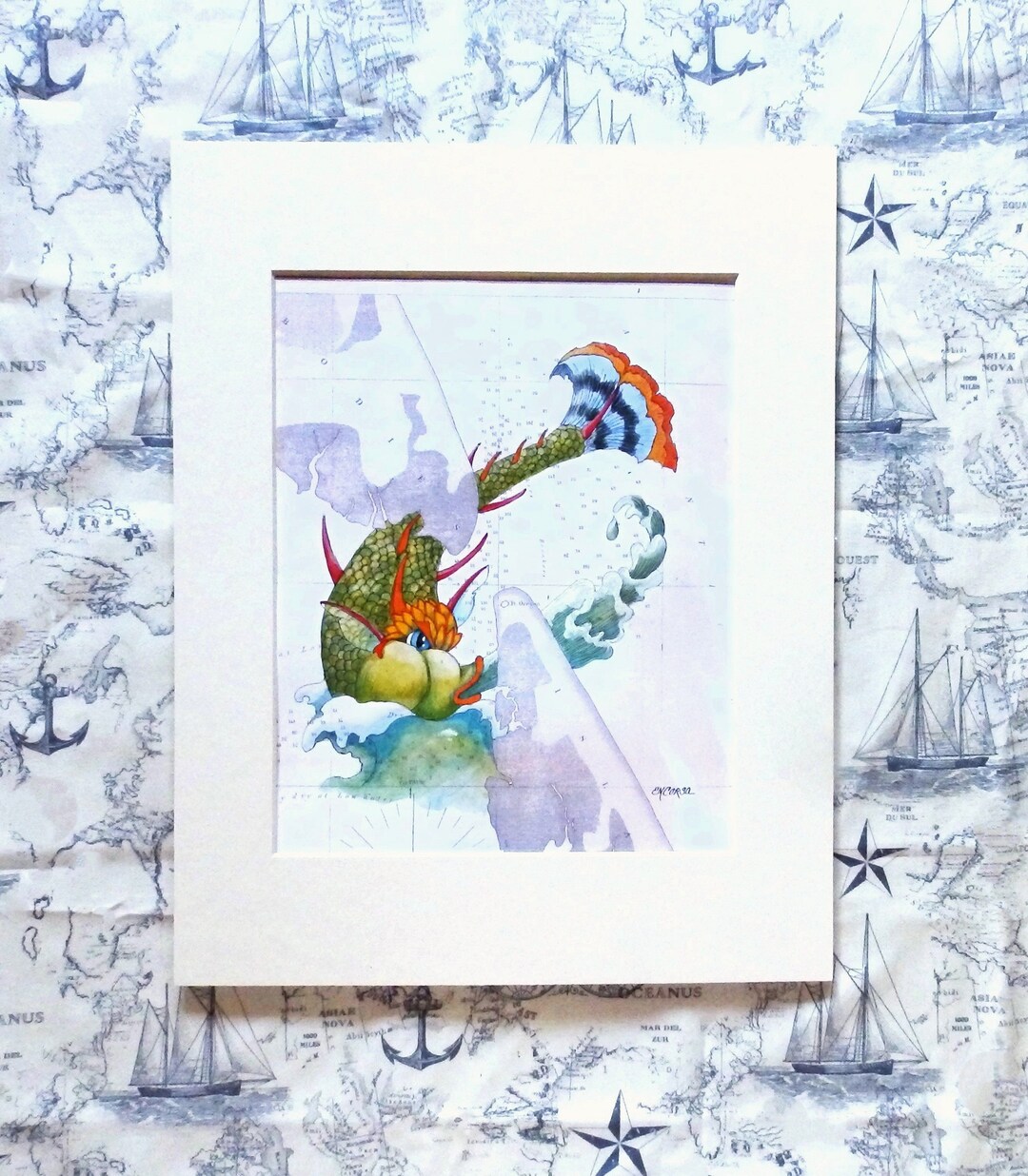 Sea Monster, Original Painting on Reproduced Antique Map of the Outer ...