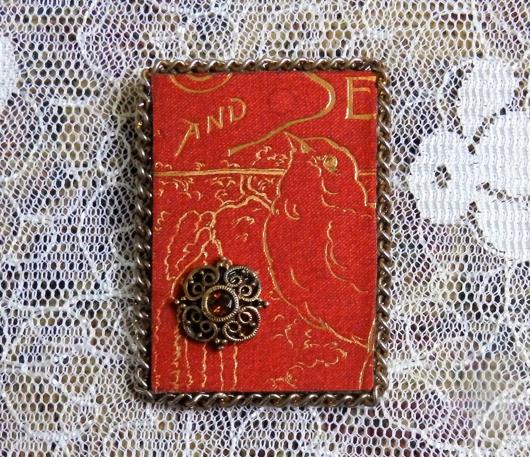 Bird Pin, Antique Book Cover Pin Accented With Vintage Jewelry, Gift ...