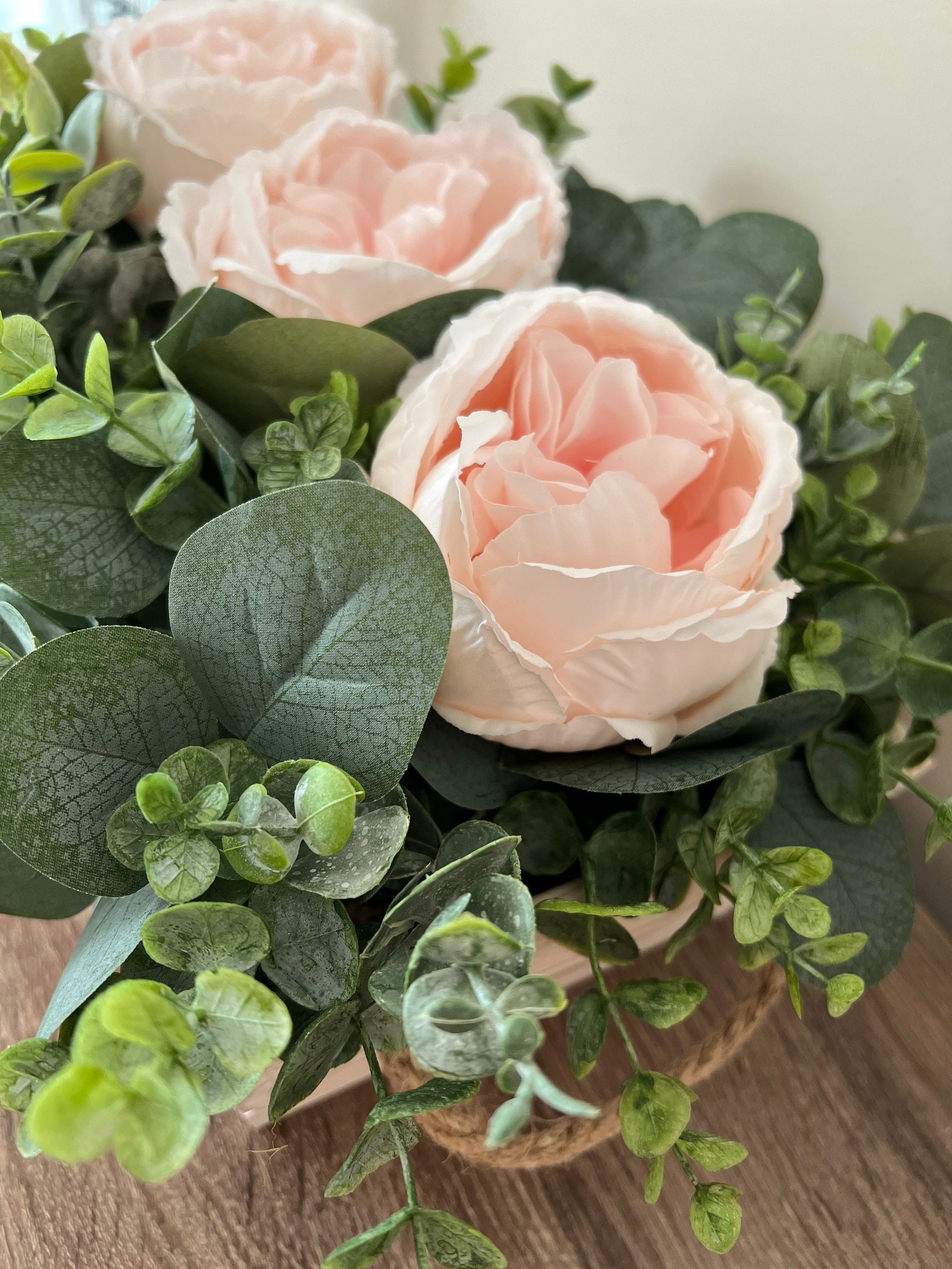 Peony & Eucalyptus Centerpiece | Artificial Flower Arrangement in Wood ...