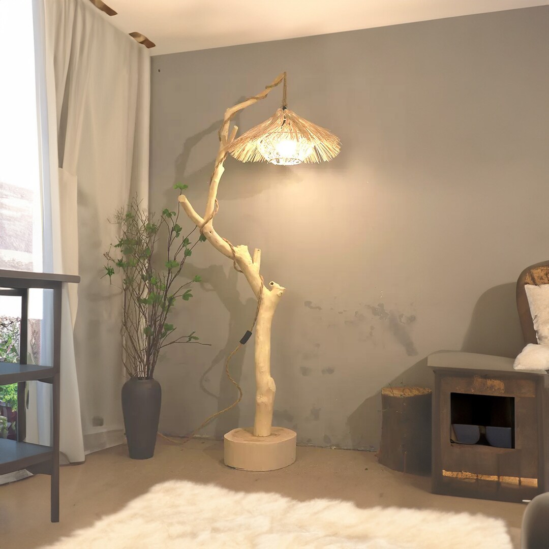 Tree Floor Lamp Woven Lampshade Tree Branch Floor Lamp Standing Lamp ...