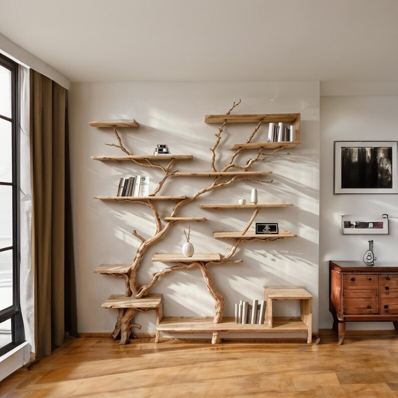 Tree Branch Bookshelf Live Edge Floating Shelf Solid Wood Bookcase Wall ...