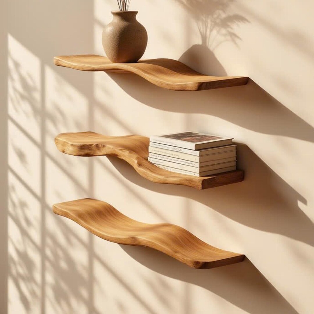 Live Edge Wood Bookshelves Wavy Floating Shelf Wooden Shelves on Wall ...