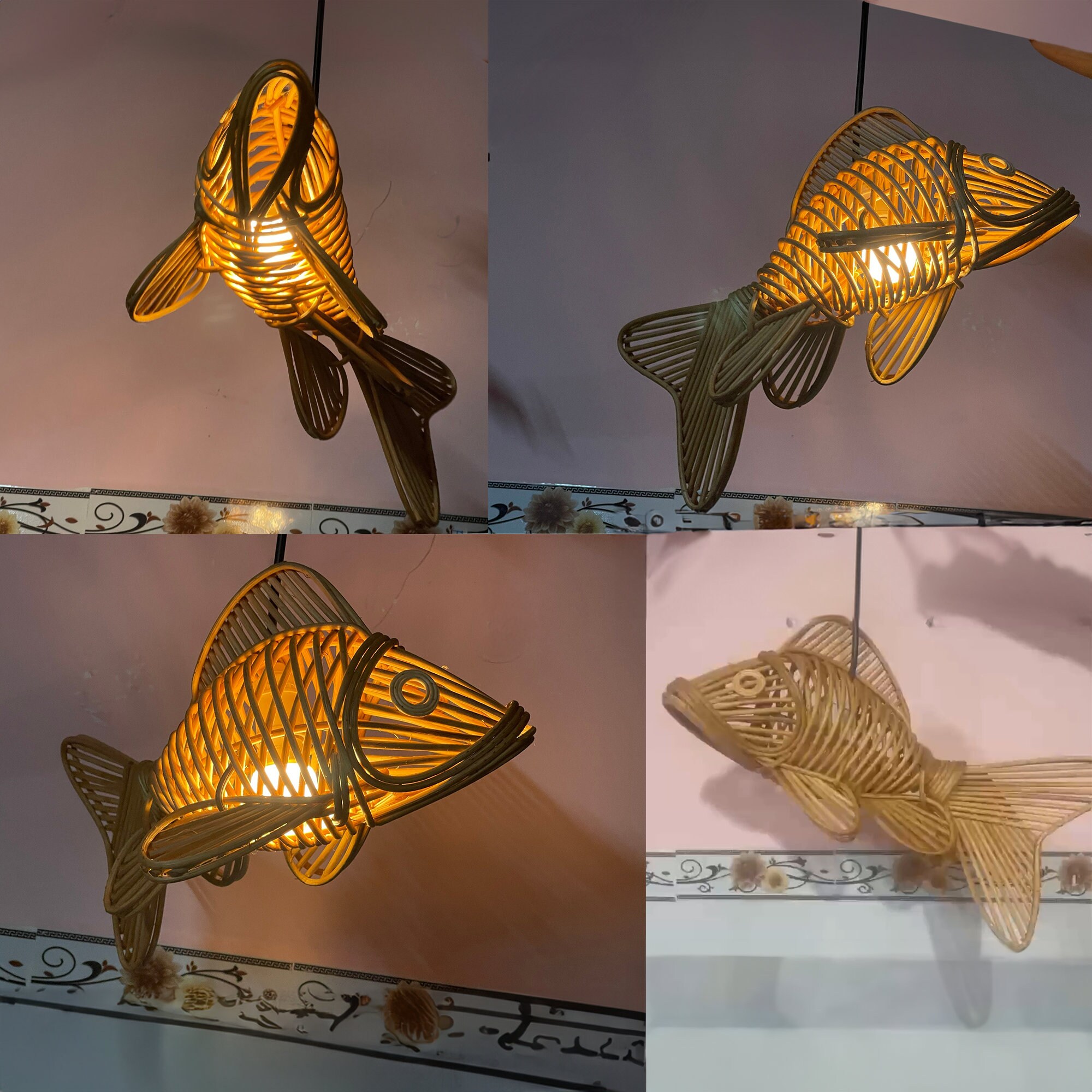 Fish Lamp Rattan Pendant Light Shade Wicker Fish Lighting Carp Hanging ...