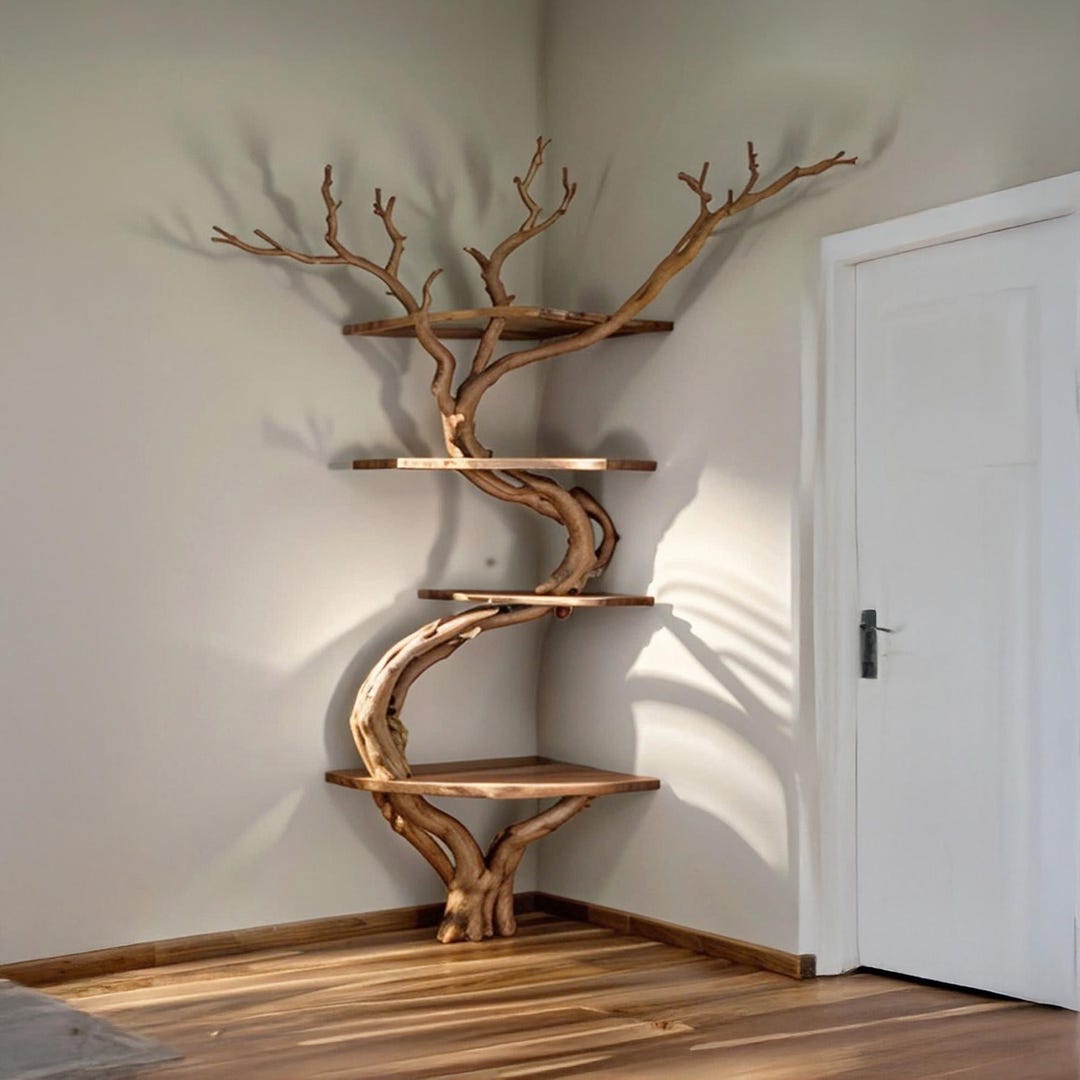 Tree Branch Corner Floating Bookshelves Solid Wood Bookcase Driftwood ...