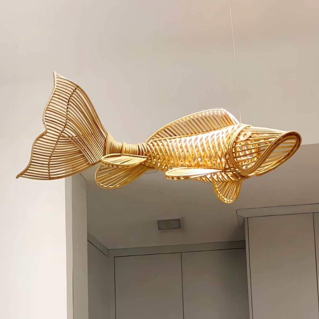 Fish Lamp Rattan Pendant Light Shade Wicker Fish Lighting Carp Hanging ...
