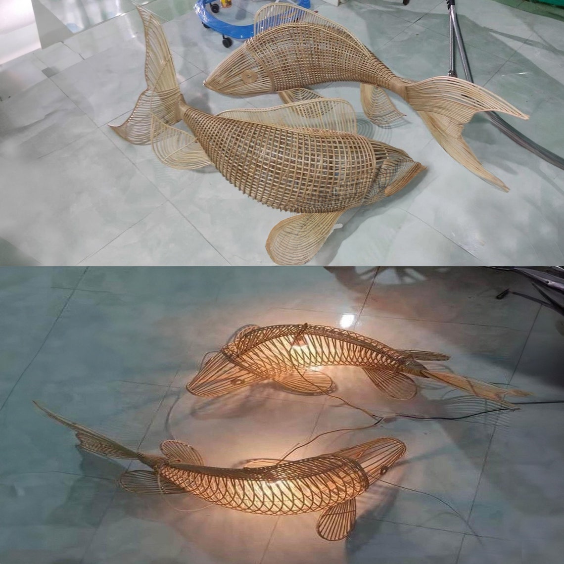 Fish Lamp Rattan Pendant Light Shade Wicker Fish Lighting Carp Hanging ...
