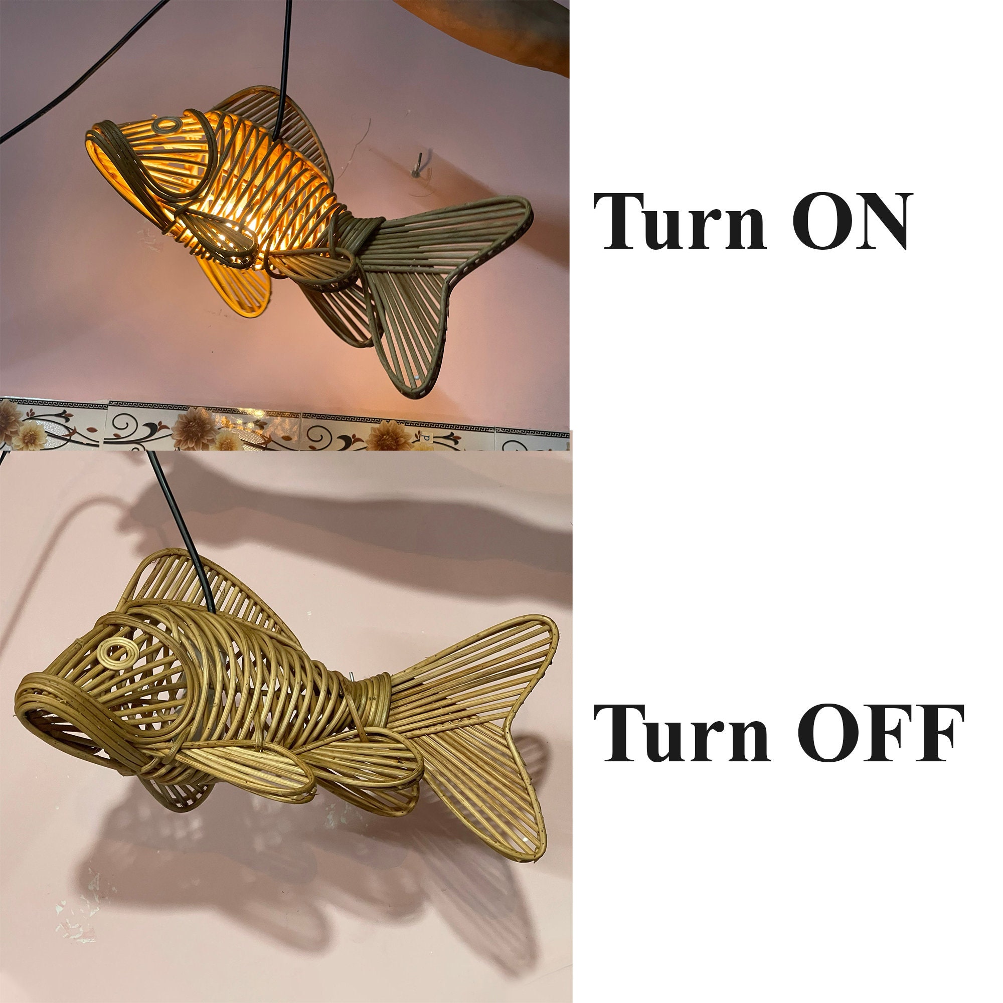 Fish Lamp Rattan Pendant Light Shade Wicker Fish Lighting Carp Hanging ...