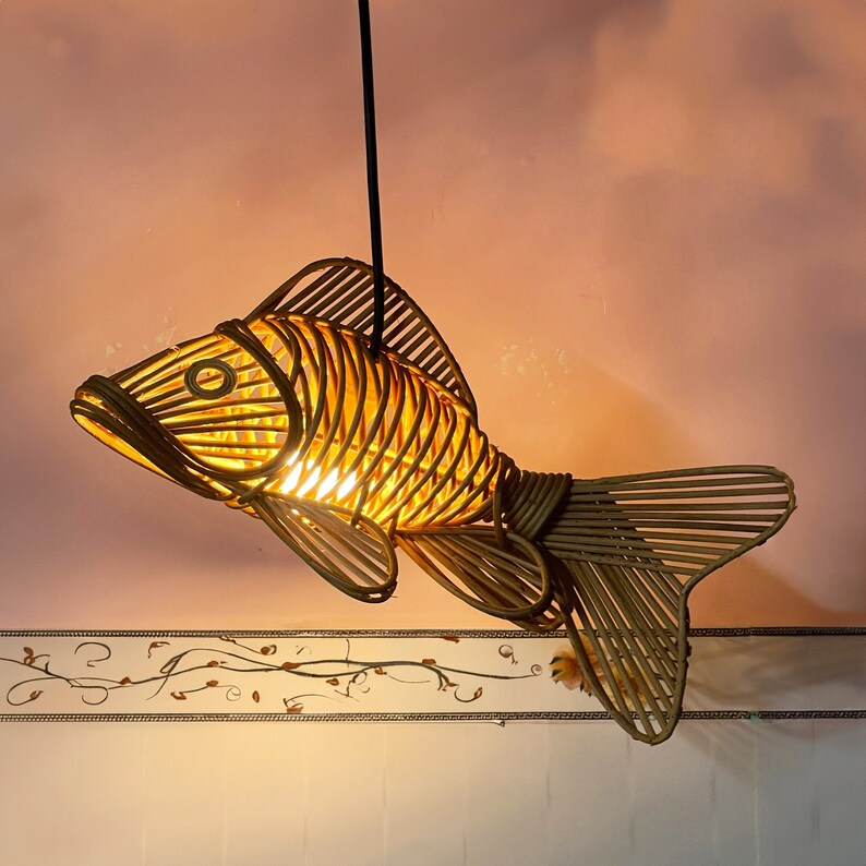 Fish Lamp Rattan Pendant Light Shade Wicker Fish Lighting Carp Hanging ...
