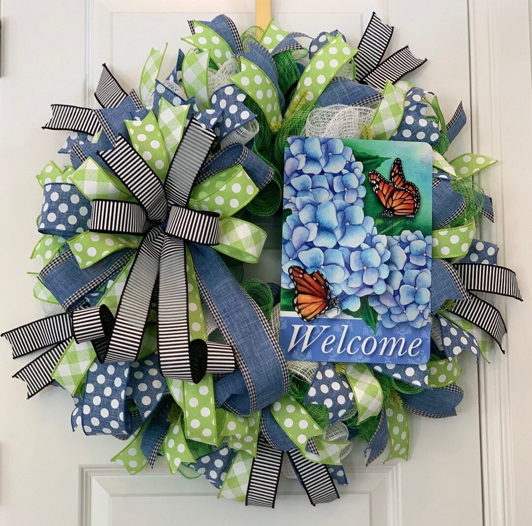 Everyday Spring Summer Welcome Front Door Wreath With Welcome Hydrangea ...