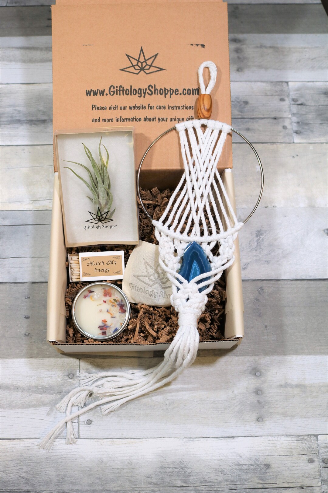 Personalized Gift Box Macramé Air Plant Holder Agate Slice & Soy Candle ...