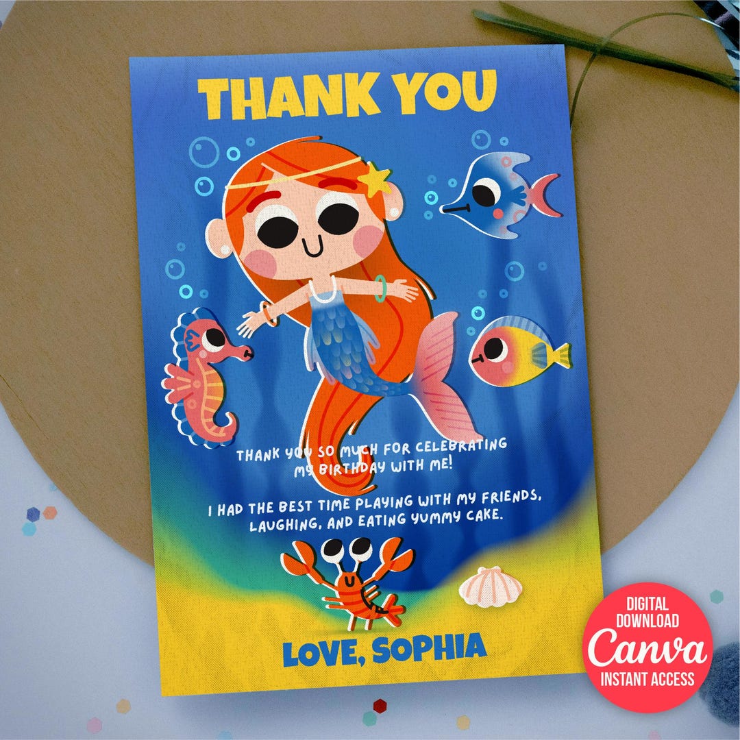 Mermaid Birthday Thank You Card | Kawaii Sea Friends | Editable Canva ...
