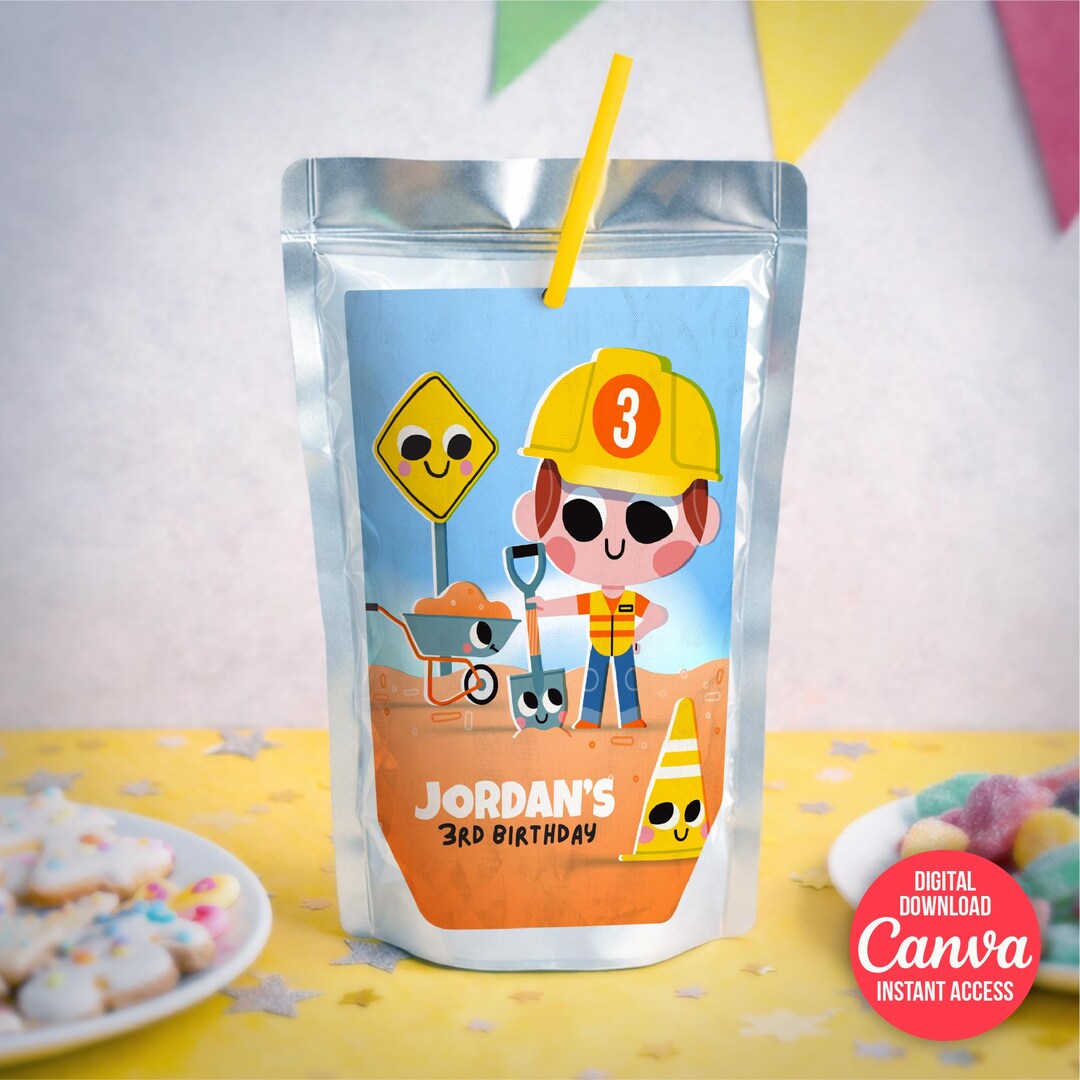 Construction Birthday Juice Pouch Label | Kawaii Builder Party Capri ...