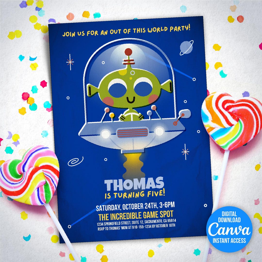 Alien Birthday Invitation | Green UFO | Outer Space | Editable in Canva ...