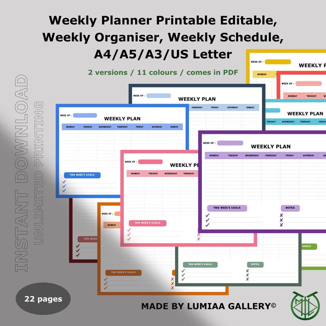 11 COLOURS Weekly Planner Printable Editable, Weekly Organiser, Weekly ...