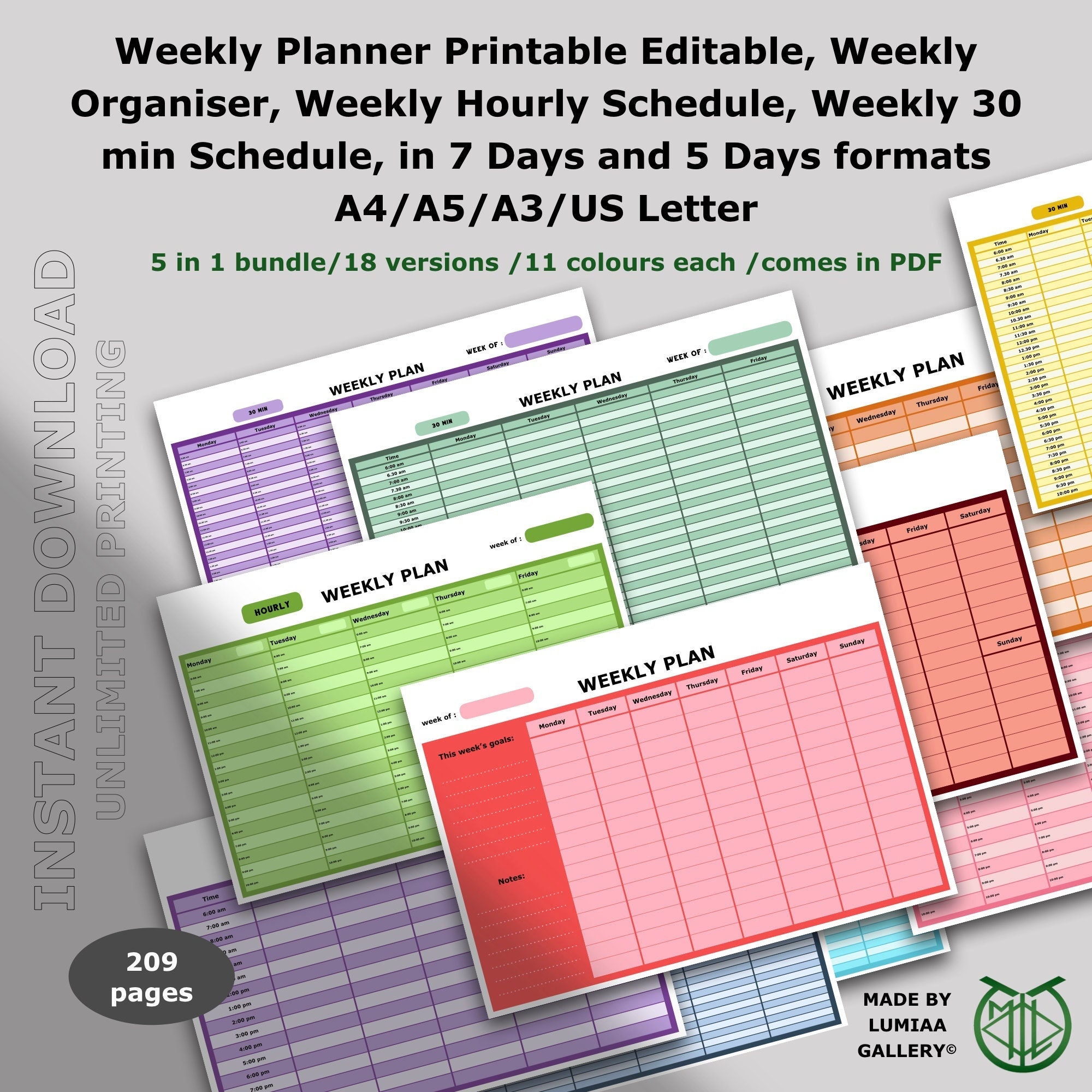 5 in 1 BUNDLE Weekly Planner Printable Editable, Hourly Schedule, 30 ...