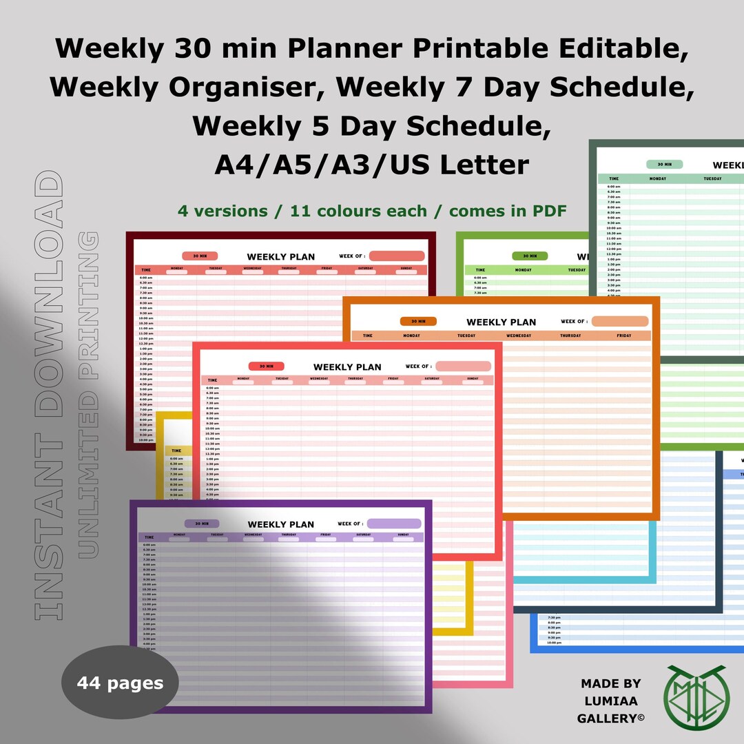 Editable Weekly Planner Printable: 30 Min Schedule, A4/A5/A3/US Letter ...