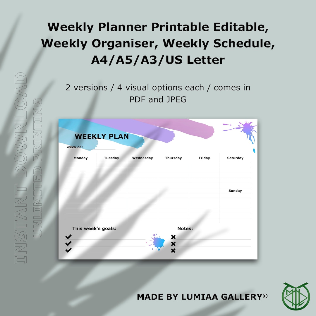 Weekly Planner Printable, Weekly Organiser, Weekly Schedule, A4/A5/A3 ...