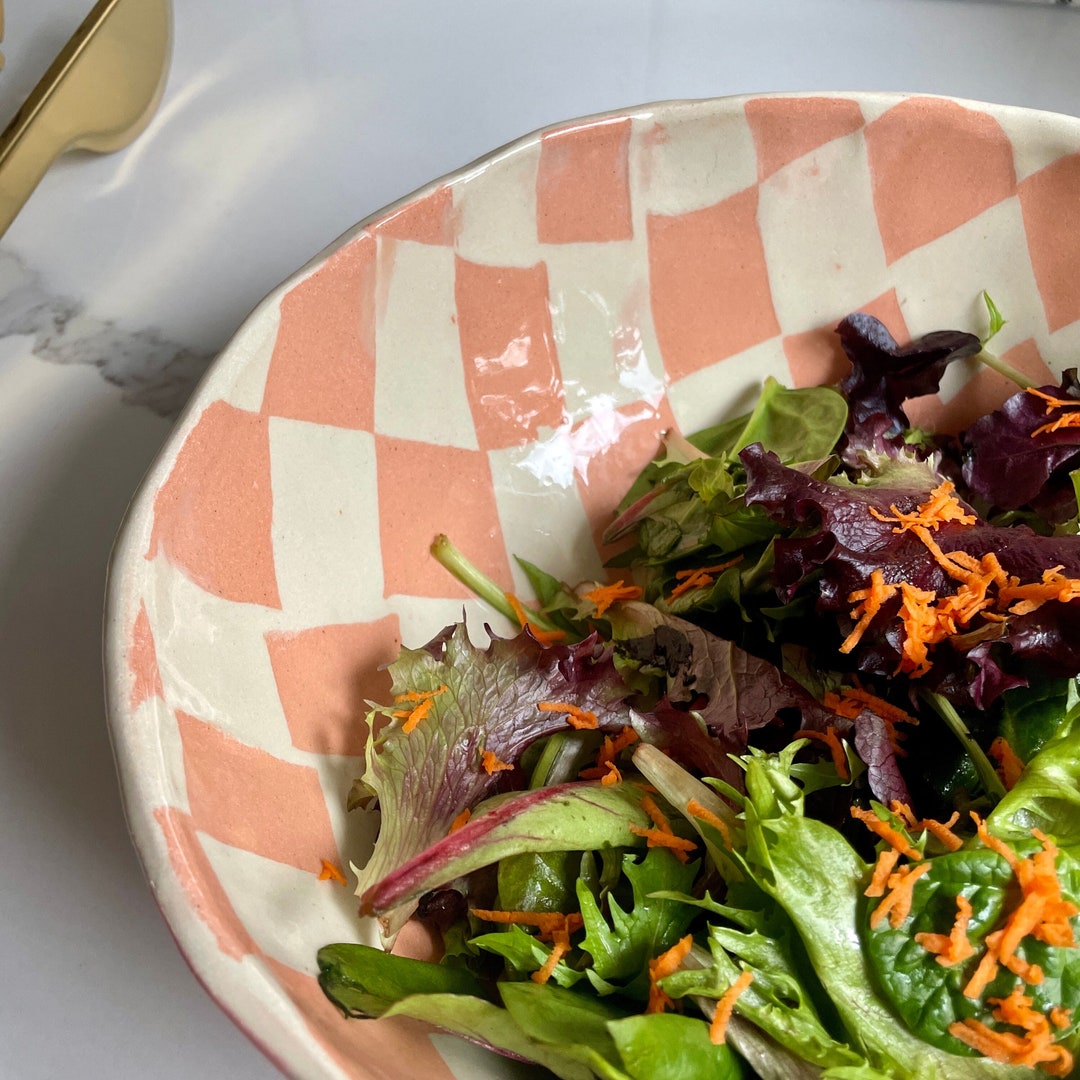 Large Pink Stoneware Bowl Organic Edge Bowl Two Tone Pink Checkered ...