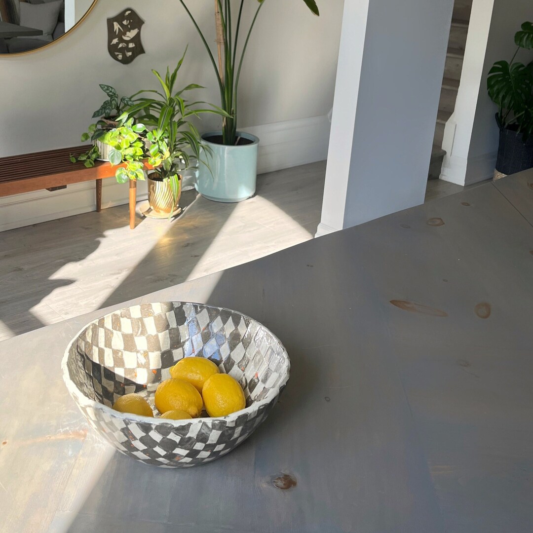 Extra Large Checker Stoneware Bowl Organic Edge Bowl Grey Checkered ...
