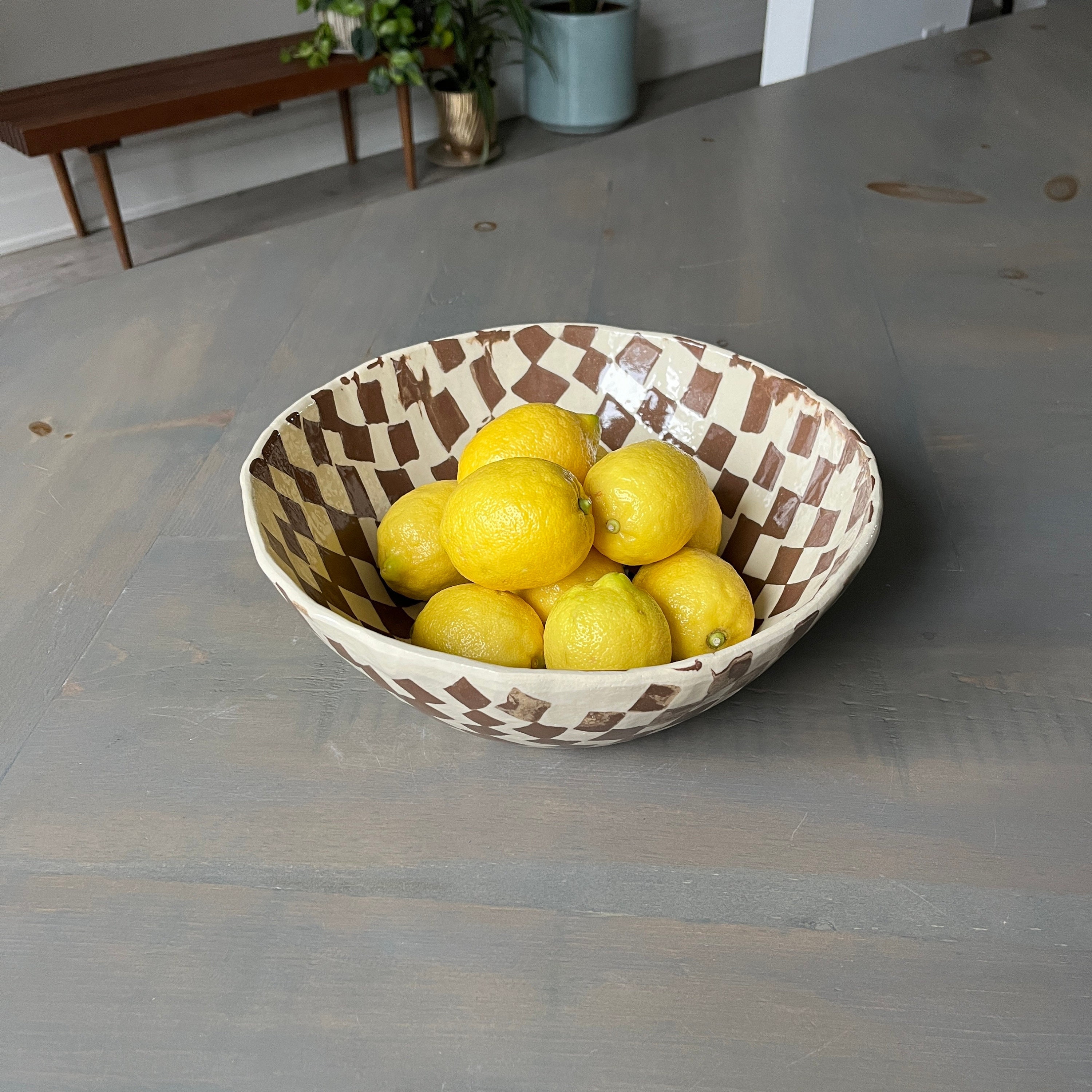 Large Earthy Checkered Stoneware Bowl Unique Kitchenware Organic Edge ...