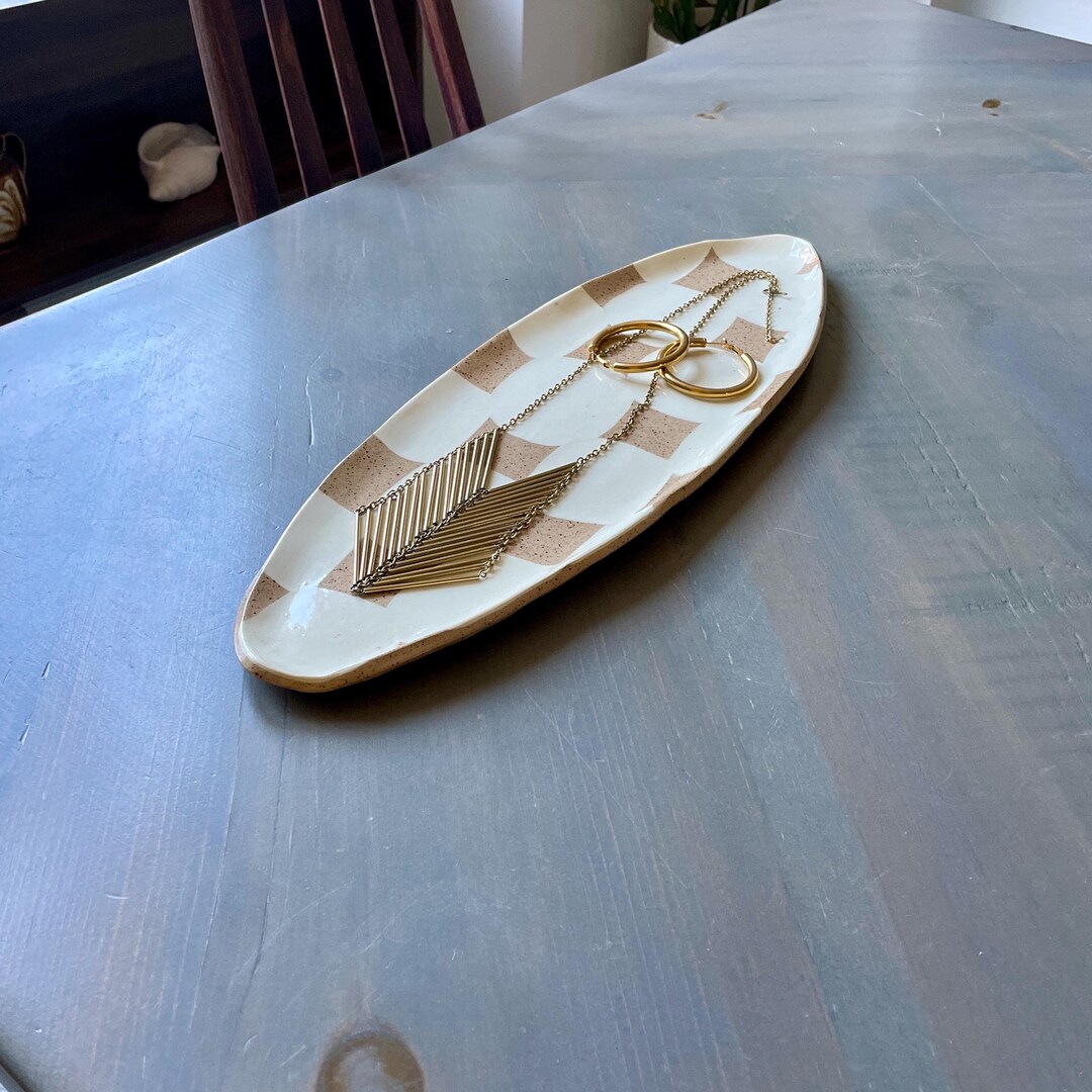 Oval Cream Checkered Catchall Modern Home Decor Handmade Ceramic Dish ...