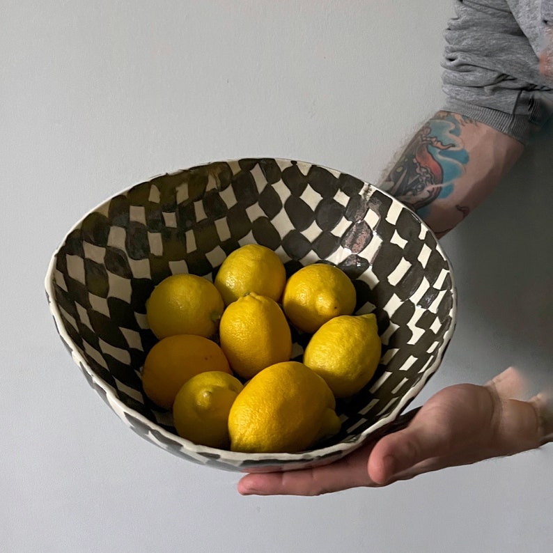 Extra Large Stoneware Bowl Organic Edge Bowl Black Checkered Salad Bowl ...