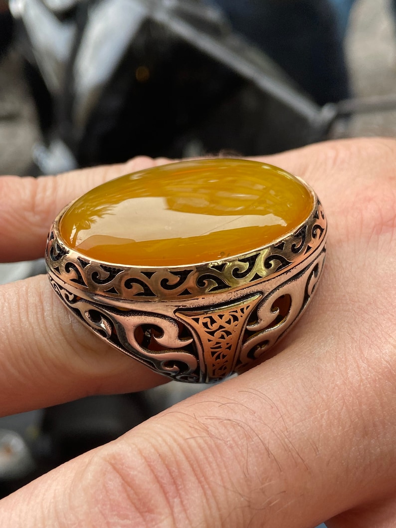 Mens Handmade Ring , Large Agate Stone Ring , Yellow Agate Stone Ring ...