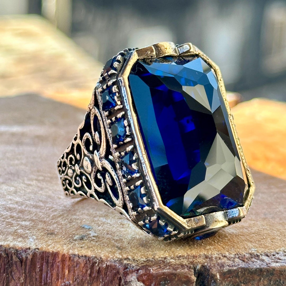Men Sapphire Stone Ring , Large Blue Stone Men Ring, Ottoman Style Ring ...