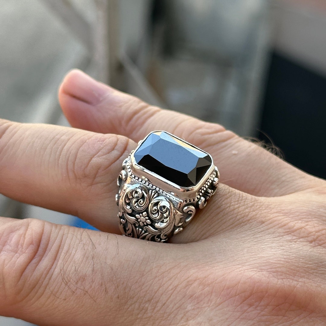 Men Handmade Silver Ring, Zircon Stone Ring, Mens Black Stone Engraved ...