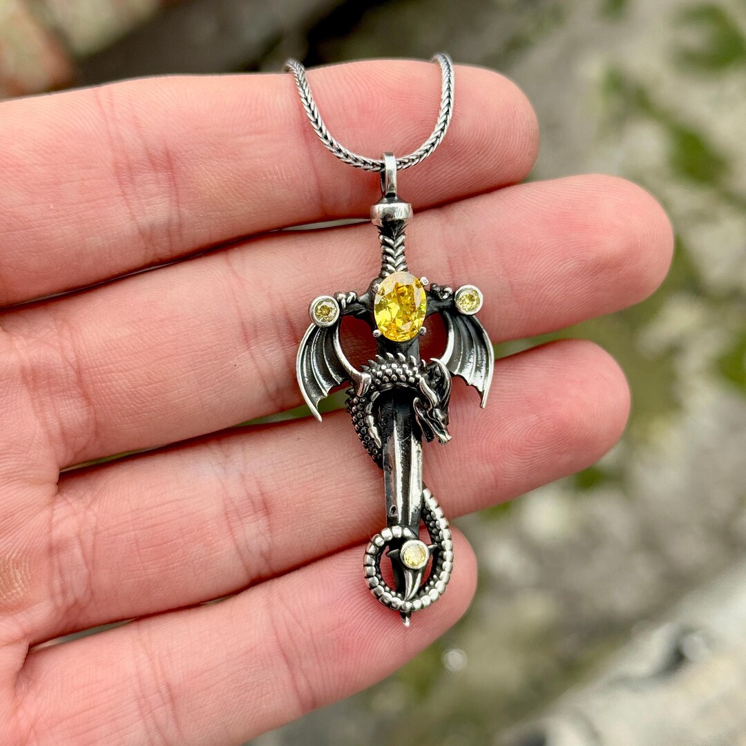 Silver Dragon Pendant, Citrine Gemstone Dragon Necklace, Sword Dragon ...