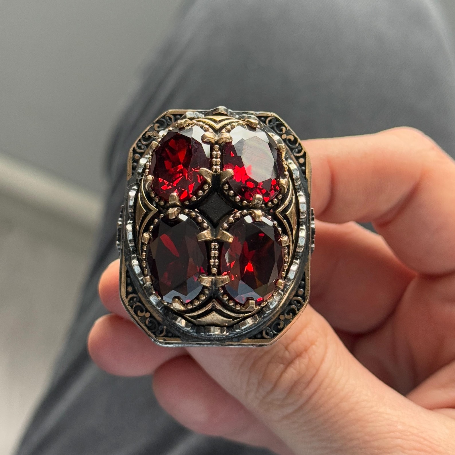 Men Silver Large Ruby Ring , Engraved Ottoman Silver Handmade Large Men ...
