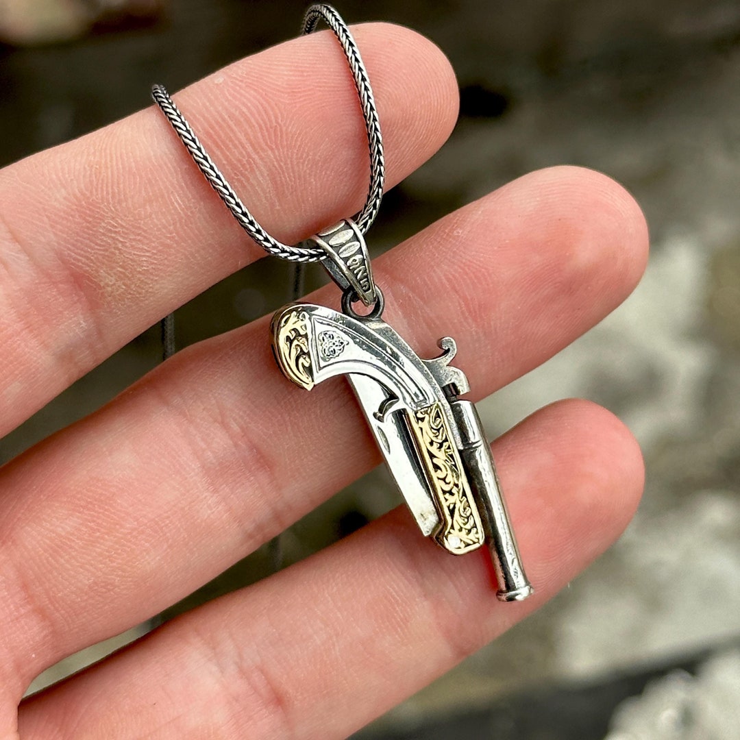 Silver Gun Revolver Pistol Necklace, Folding Knife Necklace, Silver ...