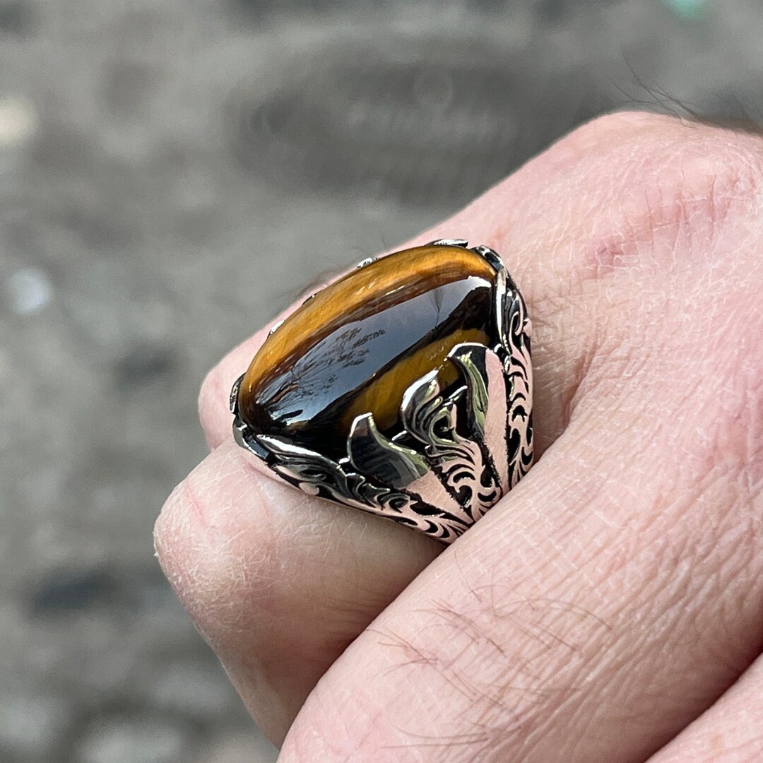 Men Oval Handmade Ring , Tiger Eye Stone Ring , Natural Tiger Eye ...