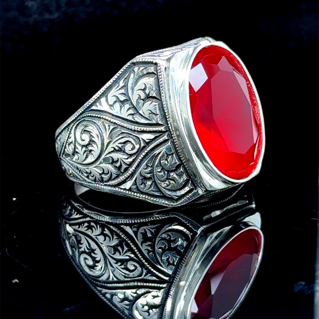 Natural Ruby Men Ring , Ruby Stone Hand Engraved Ring, Men Handmade Red ...