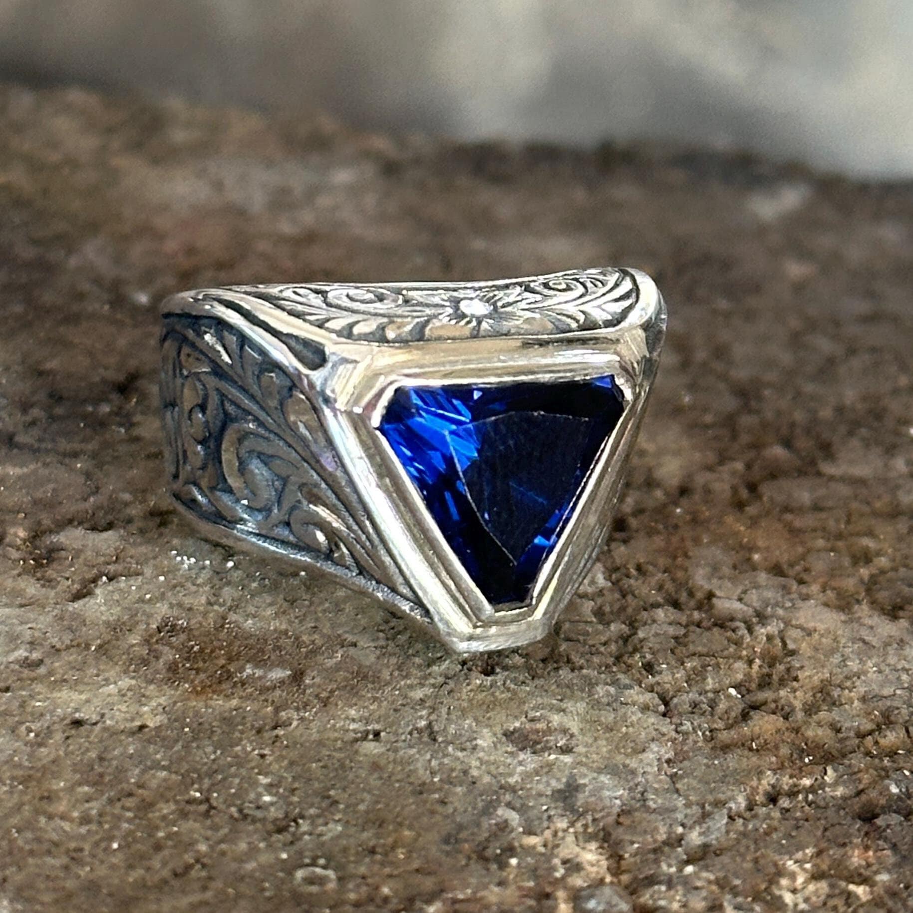 Men Silver Sapphire Ring, Vintage Engraved Triangle Sapphire Ring ...