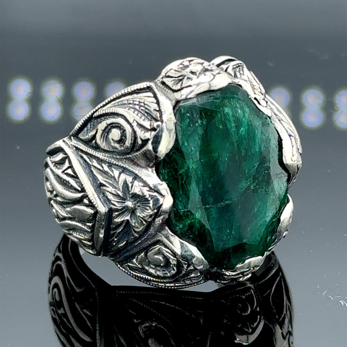 Men Silver Green Stone Ring , Handmade Emerald Stone Ring , Sterling ...