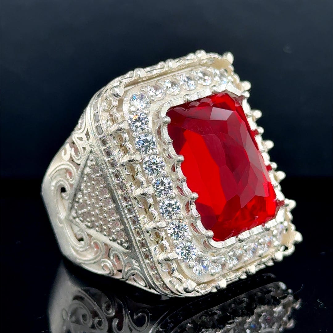 Silver Ruby Stone Ring, Large Square Red Stone Ring, Moissanite Silver ...