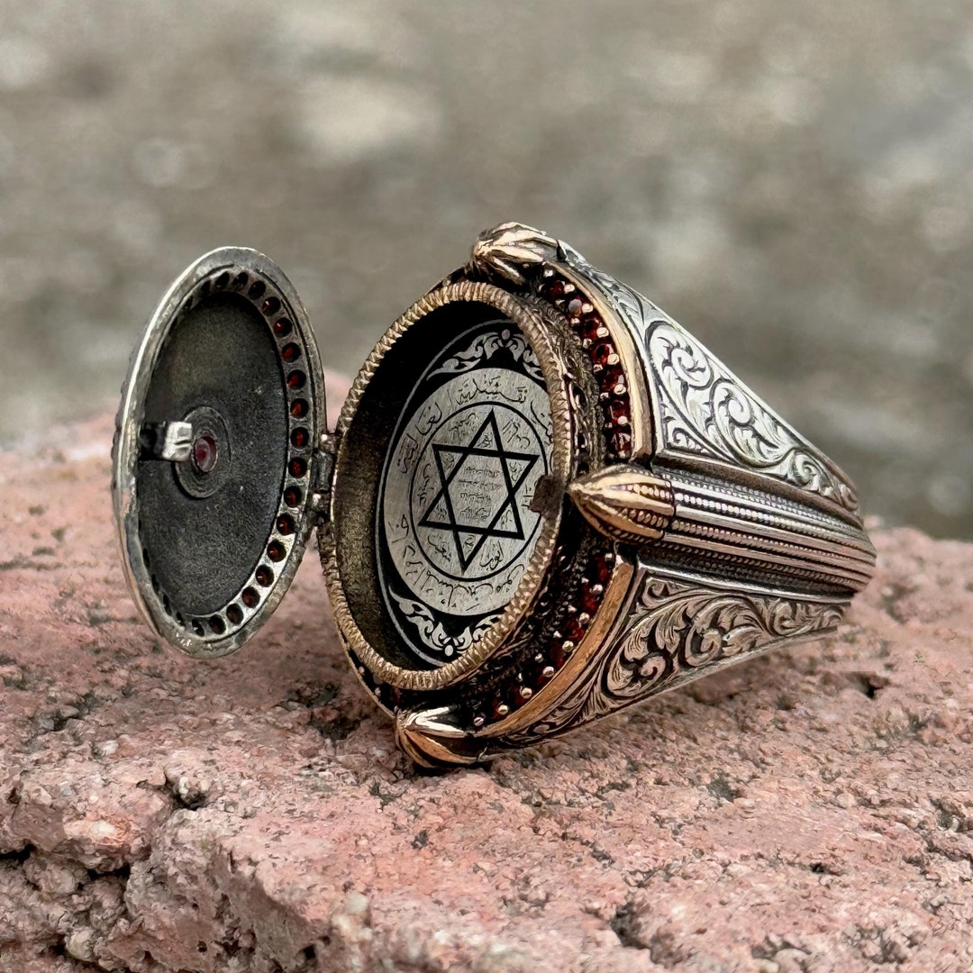 Men Silver Solomon Signet Ring, Prayer Box Secret Ring, King Solomon ...