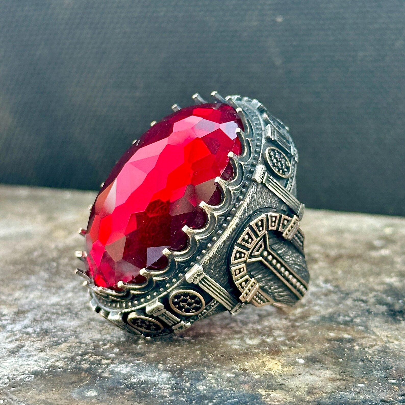 Men Silver Handmade Large Ruby Ring , Vintage Large Ottoman Style Ring ...