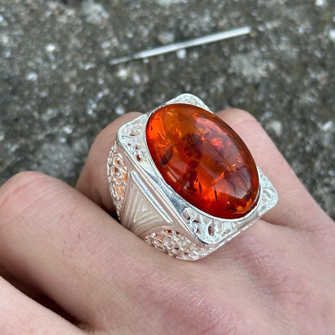 Large Silver Natural Amber Stone Ring, Square Ottoman Style Ring ...
