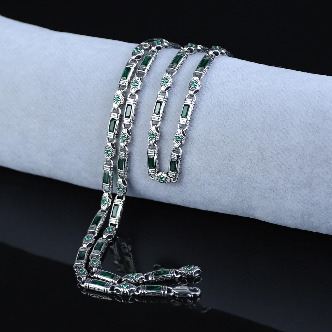 Silver Emerald Gemstone Engraved Chain, Green Stone Chain Necklace ...