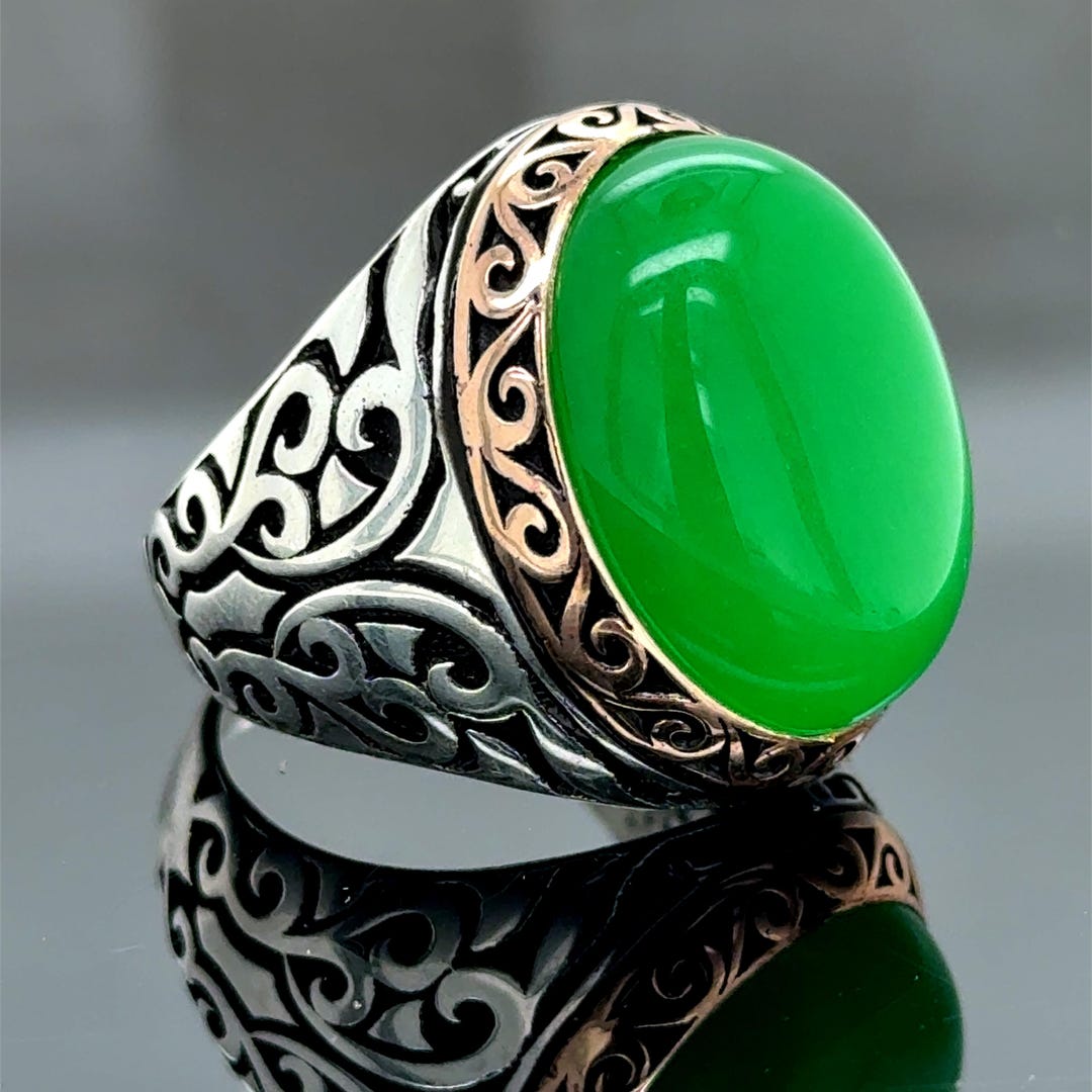 Silver Jade Stone Ring, Ottoman Style Engraved Ring, Green Jade Stone ...