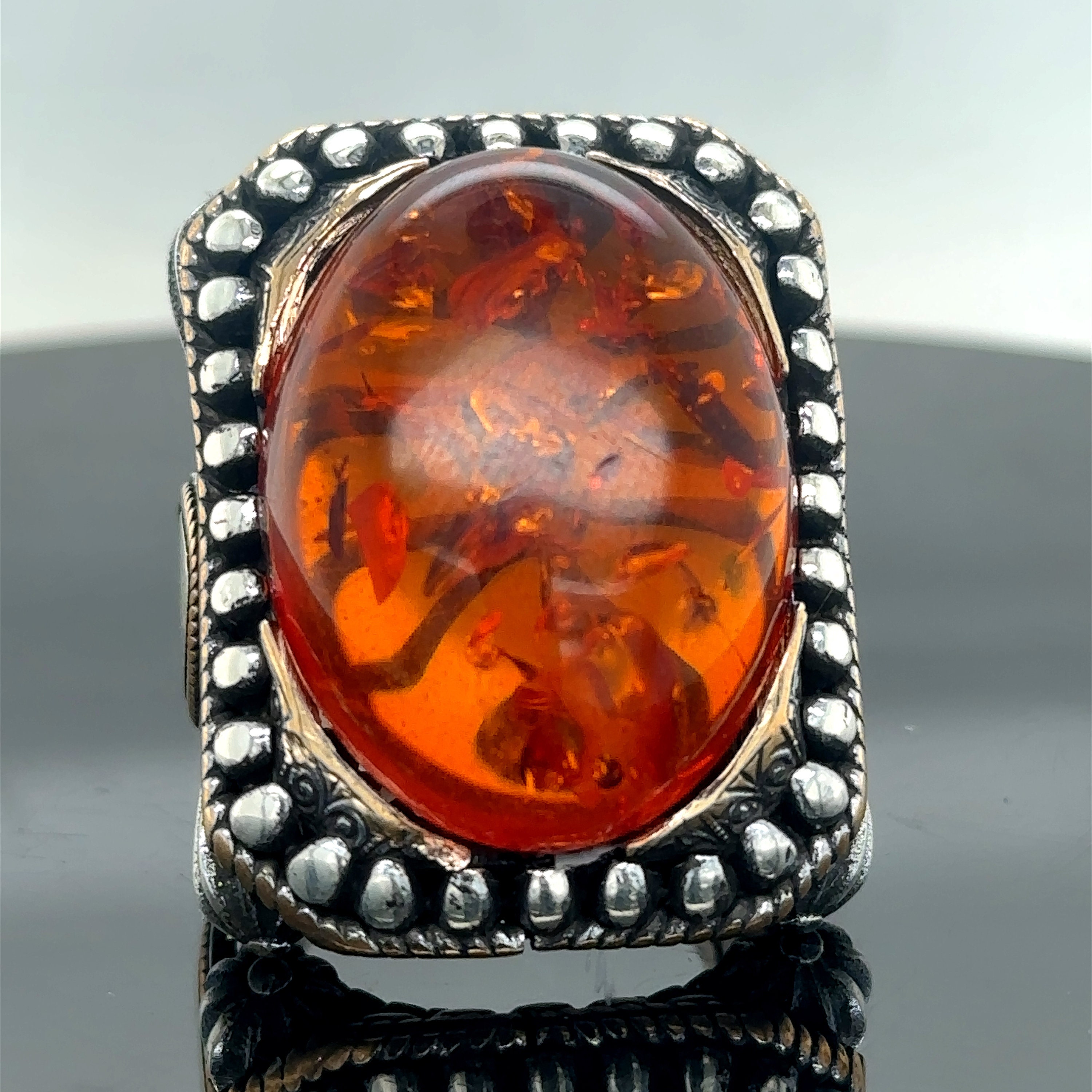 Silver Large Amber Ring , Orange Amber Ring , Large Oval Amber Ring ...