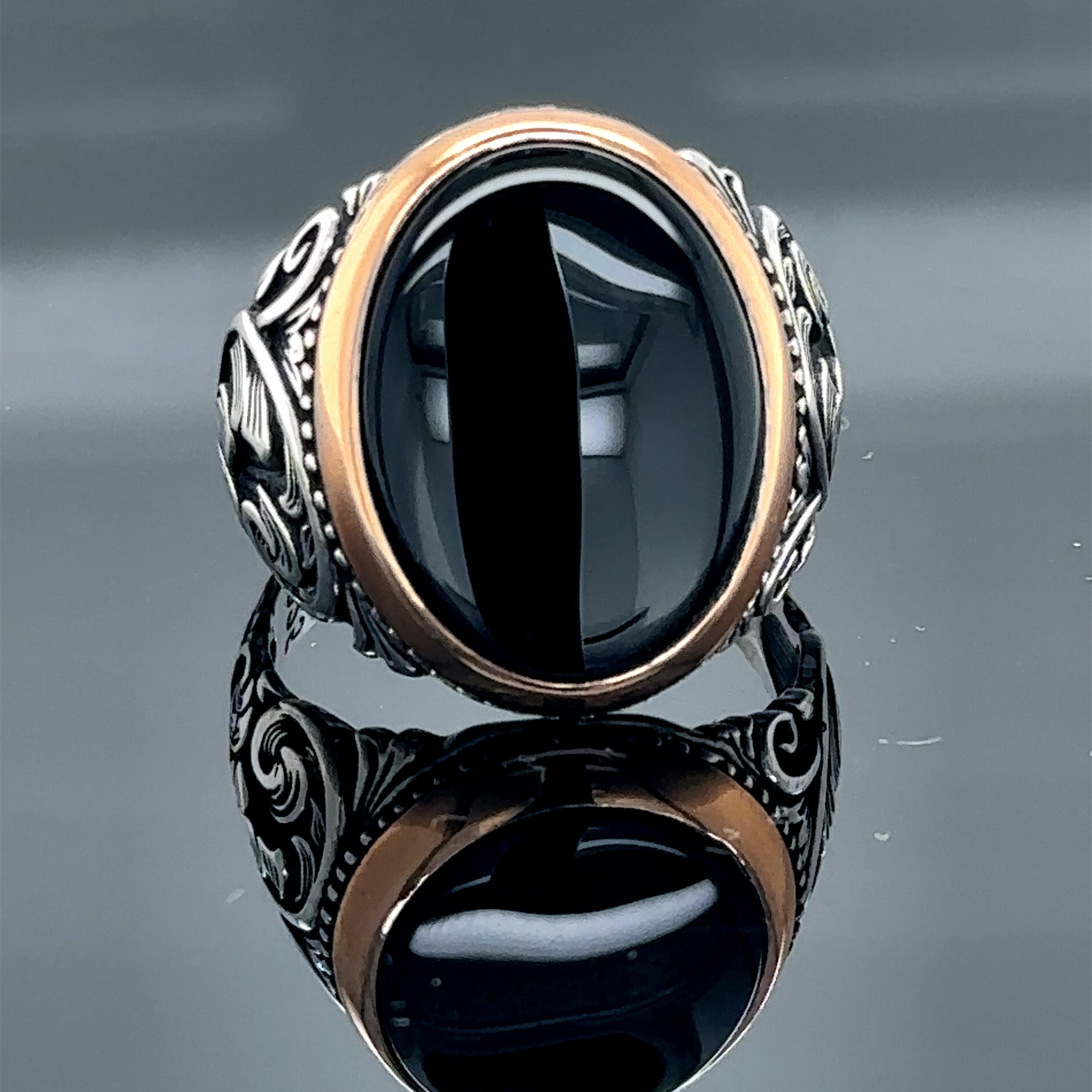 Men Silver Black Onyx Ring, Engraved Oval Onyx Signet Ring, Ottoman ...