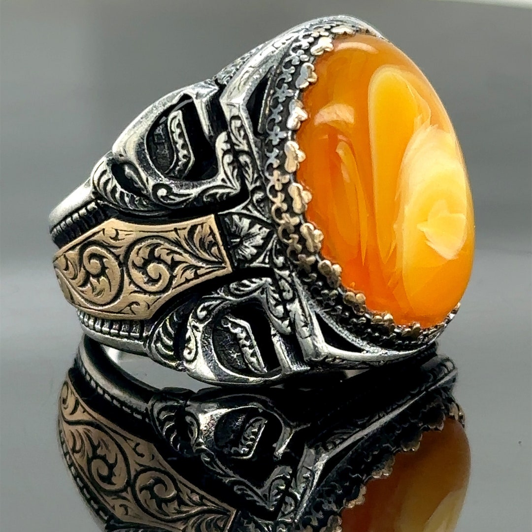 Silver Honey Amber Stone Ring , Natural Stone Ring , Handmade Silver ...
