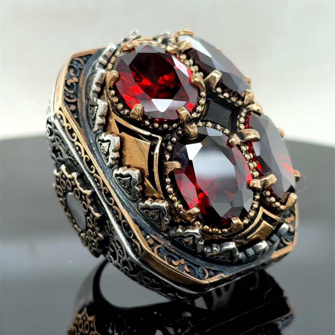 Men Silver Large Ruby Ring , Engraved Ottoman Silver Handmade Large Men Ring , Big Red Stone ...