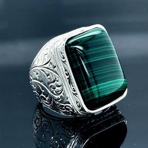 Silver Natural Malachite Ring , Men Malachite Stone Ring , Engraved Silver Ring, Father Day Gift ...