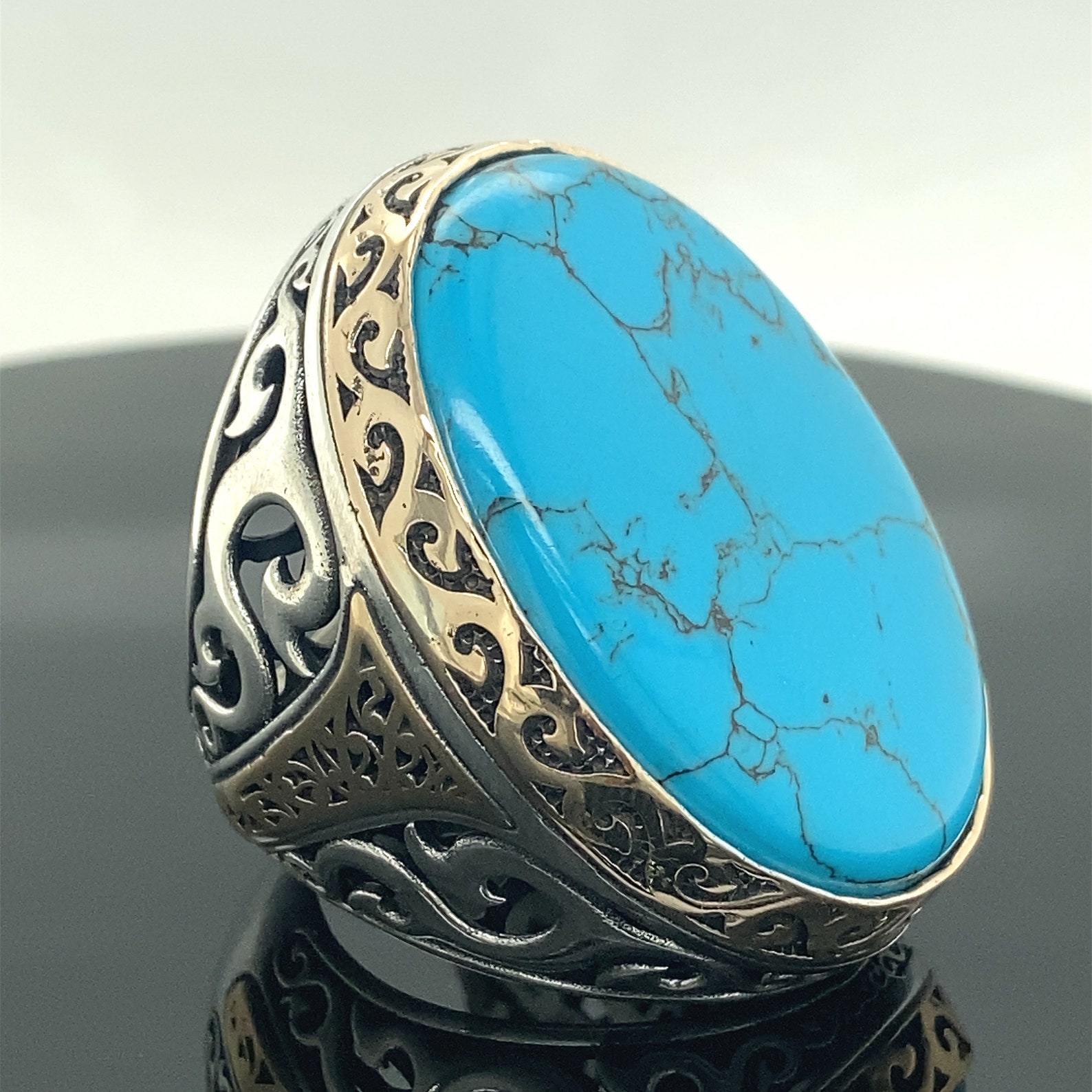 Silver Large Ring , Natural Stone Turquoise Ring , Turkish Handmade ...