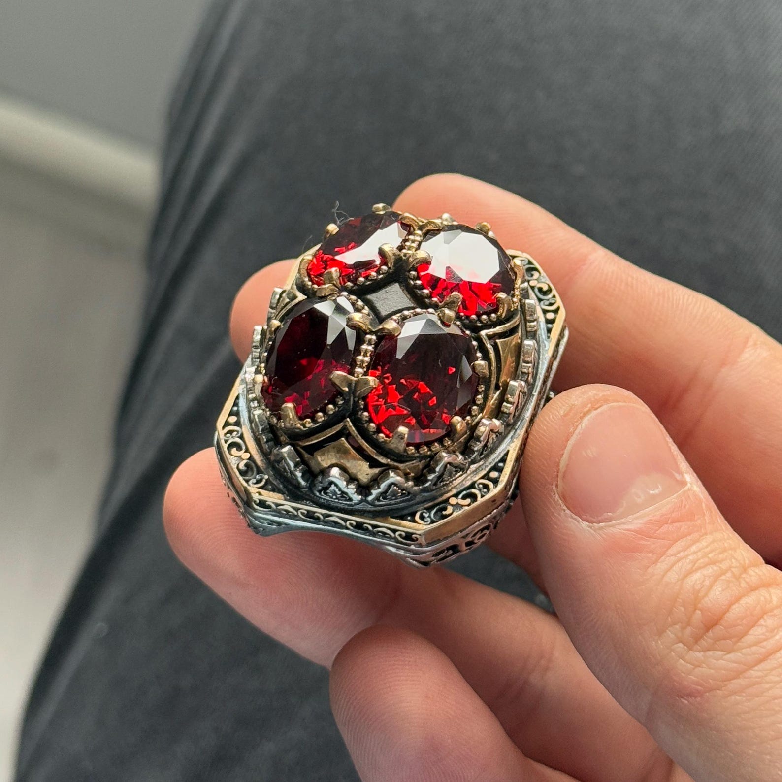Men Silver Large Ruby Ring , Engraved Ottoman Silver Handmade Large Men ...